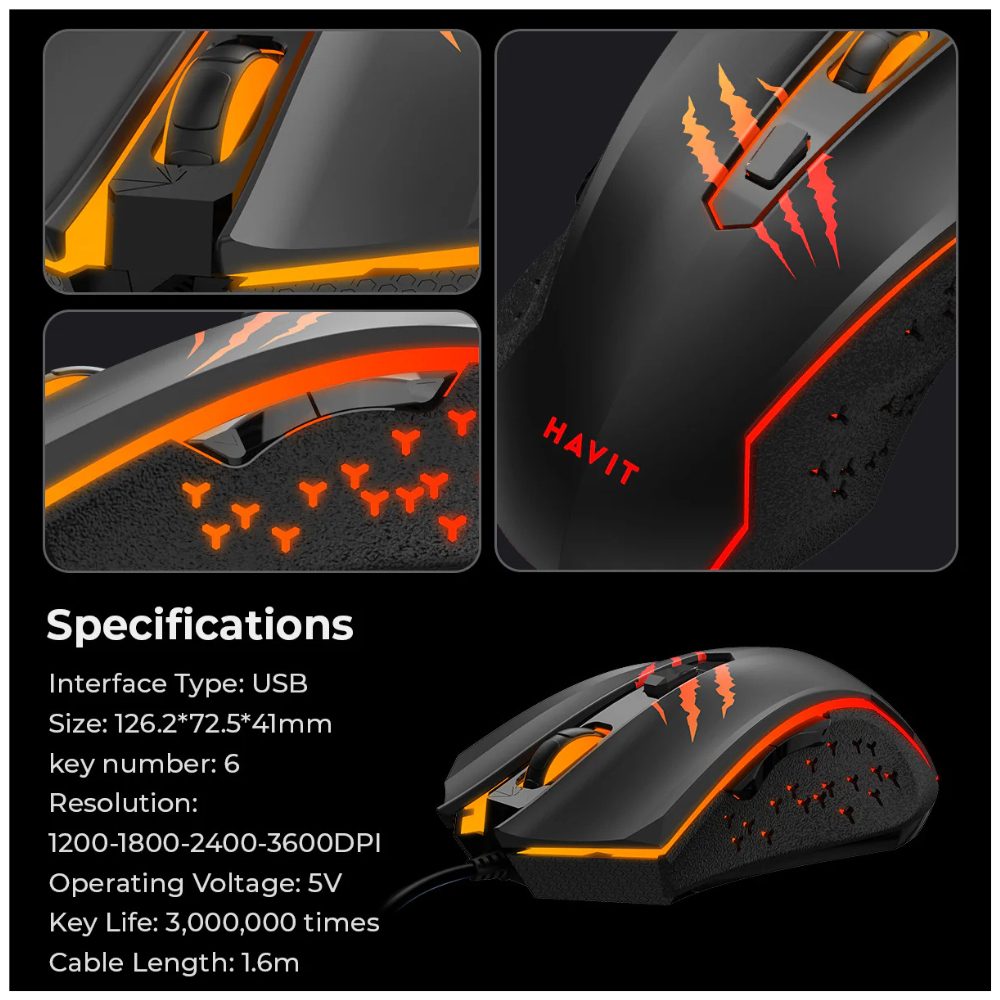 HAViT MS1027 USB OPTICAL GAMING MOUSE 3600DPI BLACK WiRED